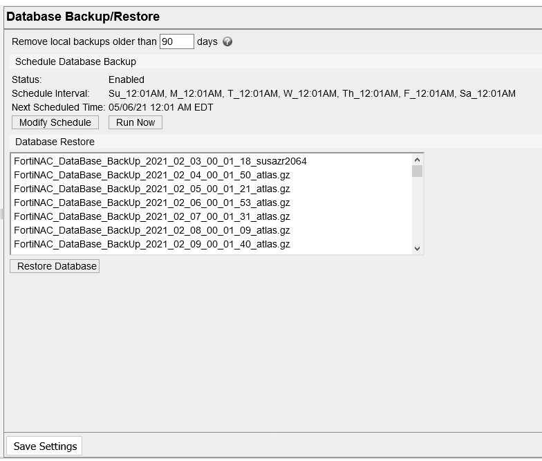 Configure Database Backups Schedule | FortiNAC-F 7.6.0 | Fortinet Document Library